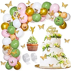 Fairy Birthday Party Decoration 154 Pieces Butterfly Balloon Garland Arch Kit Gold Olive Green Pink White Confetti Latex Balloons Gold Glitter Fairy Happy Birthday Cake Topper for Baby Shower Wedding