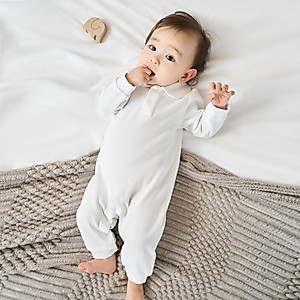 pureborn Unisex Baby Boys Girls Jumpsuit Long Sleeve Cotton Baptism Outfit One-Piece Christening Romper Waffle White 12-18 Months