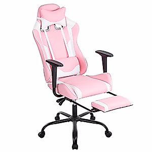 PC Gaming Chair Desk Chair Ergonomic Office Chair Executive High Back PU Leather Racing Computer Chair with Lumbar Support Footrest Modern Task Rolling Swivel Chair for Women Men Girls Adults, Pink