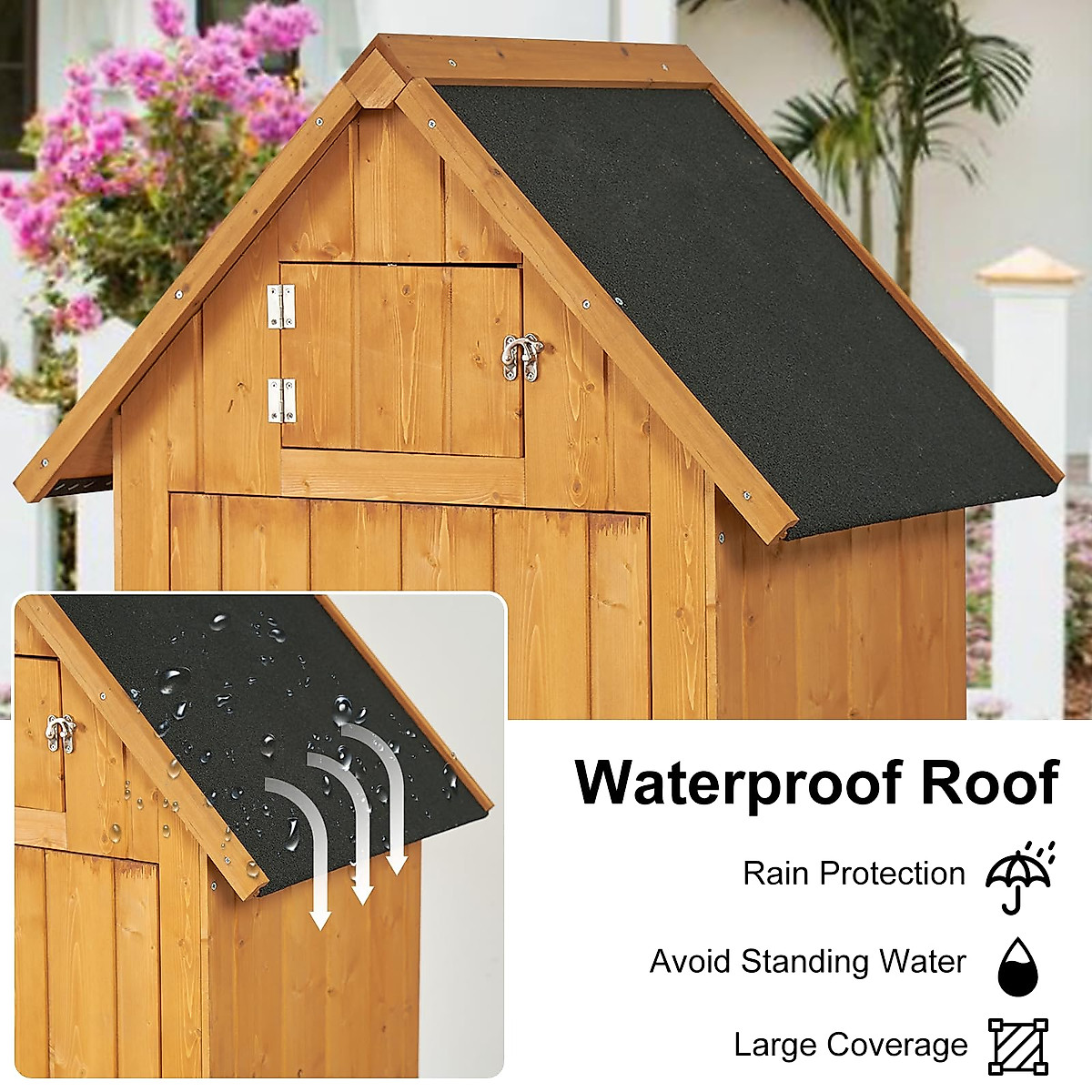 GarveeLife Outdoor Wood Storage Shed Cabinet, Wooden Garden Tool Sheds, Outside Vertical Organizer with Floor, Waterproof Roof, 3 Shelves, 4 Hooks and Lockable Door for Patio Hallway Backyard, Natural