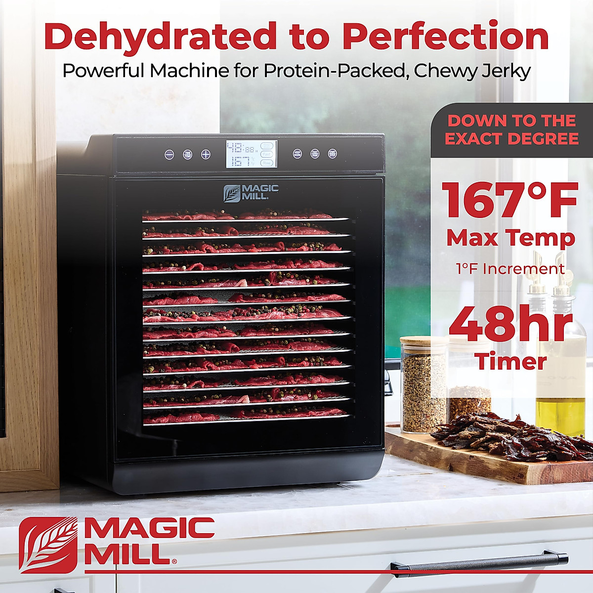 Magic Mill Food Dehydrator Machine (10 Stainless Steel Trays) Digital Adjustable Timer | Temperature Control | Keep Warm Function | Dryer for Jerky, Herb, Meat, Beef, Fruit and To Dry Vegetables