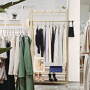 Cre Cra Gold Clothing Rack Freestanding Industrial Garment Rack with Double Shelves Heavy Duty Metal Modern Clothes Rack Stand Multi-functional Coat Hanger Rack Stand for Boutiques Bedroom