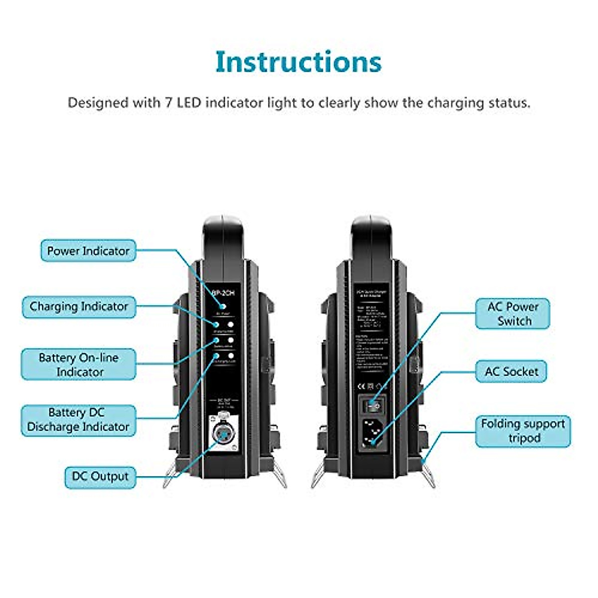 Neewer BP-2CH Dual Channel V-Mount/V Lock Battery Charger with DC 16.5V Power Supply Output Compatible with Any V-Mount Battery (XLR Cable/Battery Not Included)