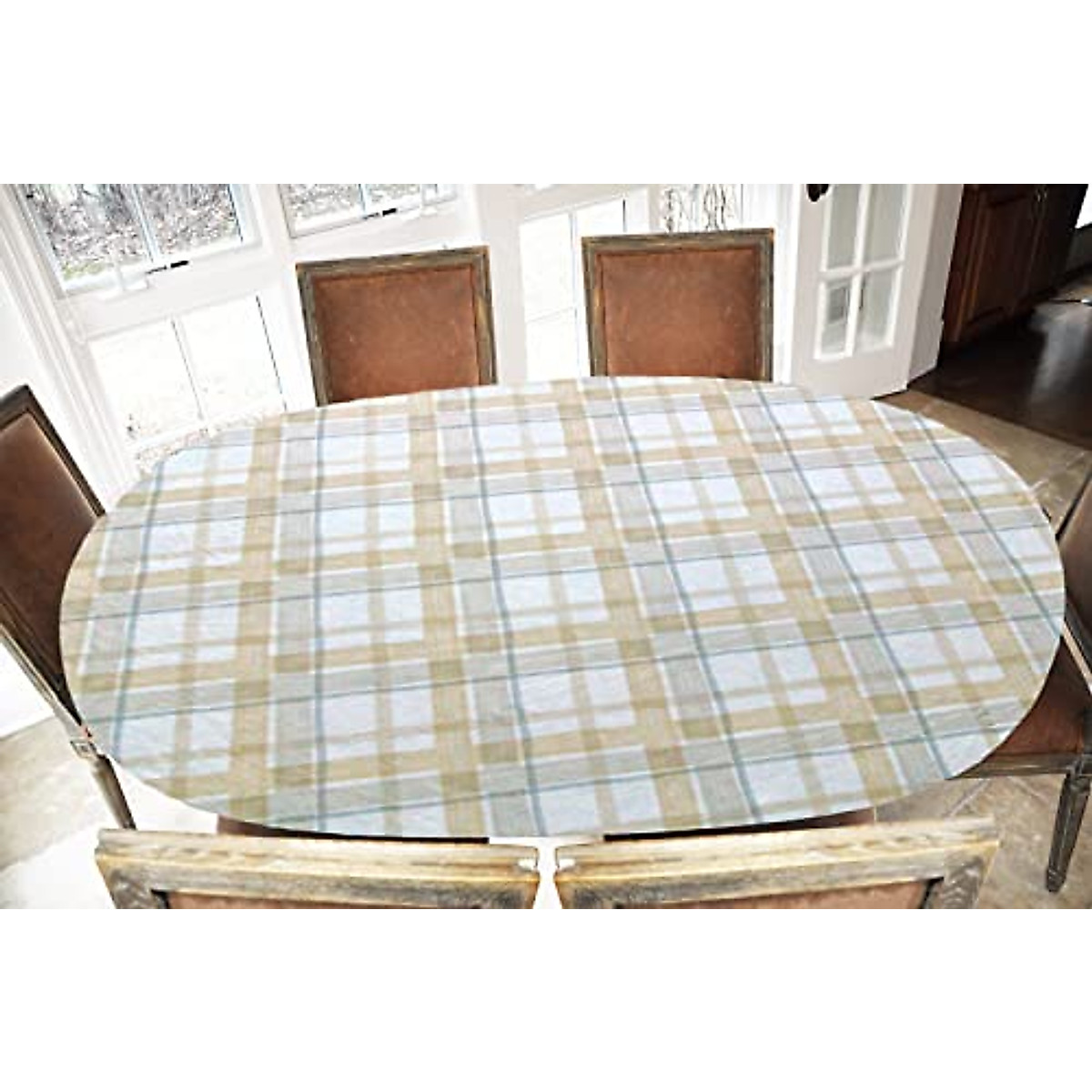LAMINET Elastic Fitted Table Cover - Harvest Plaid (Beige) - Oblong/Oval - Fits Tables up to 48 x 68”