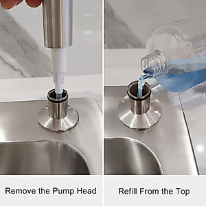 EADOT Brushed Nickel Built in Dish Soap Dispenser for Kitchen Sink with 17 OZ PET Soap Bottle Refill from The Top, Under Counter Brass Pump Head Liquid Lotion Dispenser, Undermount Copper Pump Head