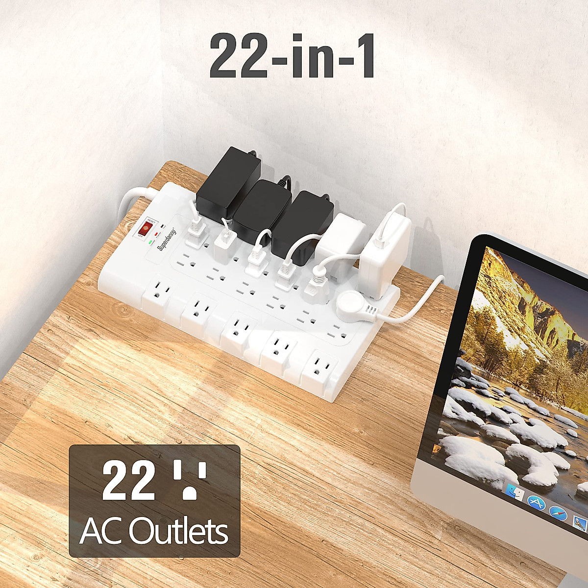 SUPERDANNY Power Strip Surge Protector, 22 AC Multiple Outlets, 1875W/15A, 2100 Joules, 6.5Ft Flat Plug Heavy Duty Extension Cord for Home, Office, Dorm, Gaming Room, White