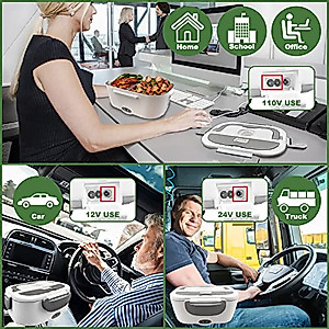 Electric Lunch Box Food Heater, Yokgrass 2-Compartment Fast Heating Adults Food Warmer for Car Truck and Home, Protable, Leak Proof, with 1.5L Stainless Steel Container, Fork, Spoon and Insulation Bag