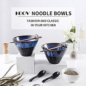 KOOV Porcelain Ramen Bowls and Spoons Set of 2 - Japanese Ramen Noodle Bowl with Chopsticks and Spoons, 26 Ounce Deep Pho Bowl, Reactive Glaze (Blue Galaxy)
