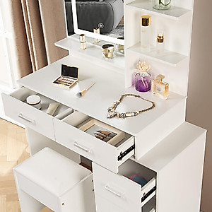 Lucaseone Vanity Table with Lighted Mirror, Makeup Vanity with Lights and Drawers, Vanity Desk Dressing Table with Cushioned Stool for Bedroom (3080 LED White)