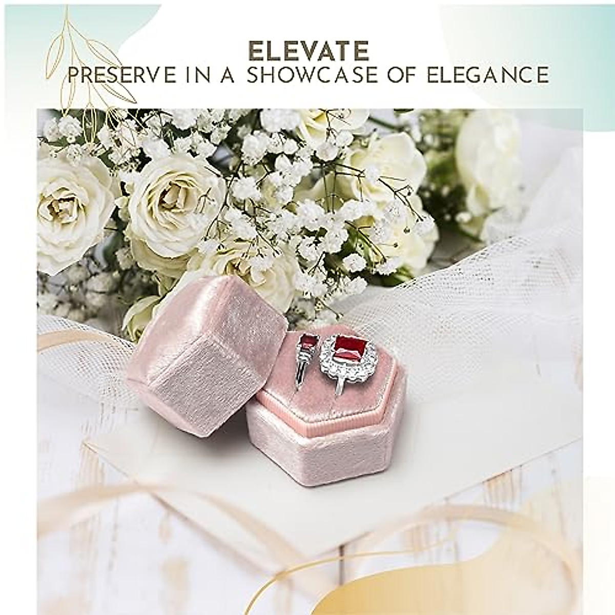 NEUTA Velvet Ring Box - Pink - 2 Slot Exquisite Wedding Ring Bearer Box - Gorgeous Hexagon Wedding Ring Box with Detachable Lid for Proposal, Engagement, Wedding, Ceremony, Storage & Safe Keeping…