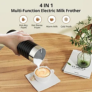 Milk Frother, 4-in-1 Milk Frother and Steamer, Non-Slip Stylish Design, Hot & Cold Milk Steamer with Temperature Control, Auto Shut-Off Frother for Coffee, Latte, Cappuccino, Macchiato (Black)
