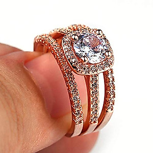Jude Jewelers Silver Rose Gold Three-in-One Wedding Engagement Bridal Halo Ring Set (Rose Gold, 7)