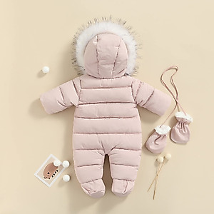WALLARENEAR Infant Baby Boys Girls Winter Snowsuit Romper Hoodied Footie Outwear Toddler Jumpsuit Down Coat Jacket with Gloves (Pink, 12-18 Months)