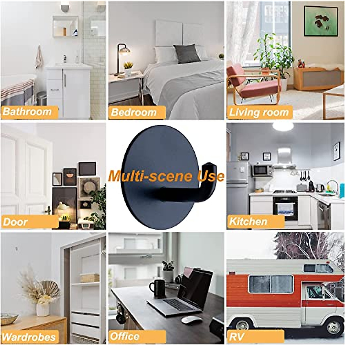 Yukrilt Black Adhesive Hooks - 8 Pack 15lb(Max) Sticky Wall Hooks for Hanging, Waterproof Rustproof Removable Stainless Steel Towel Hooks, Bathroom Kitchen Shower Heavy Duty Self Adhesive Hooks