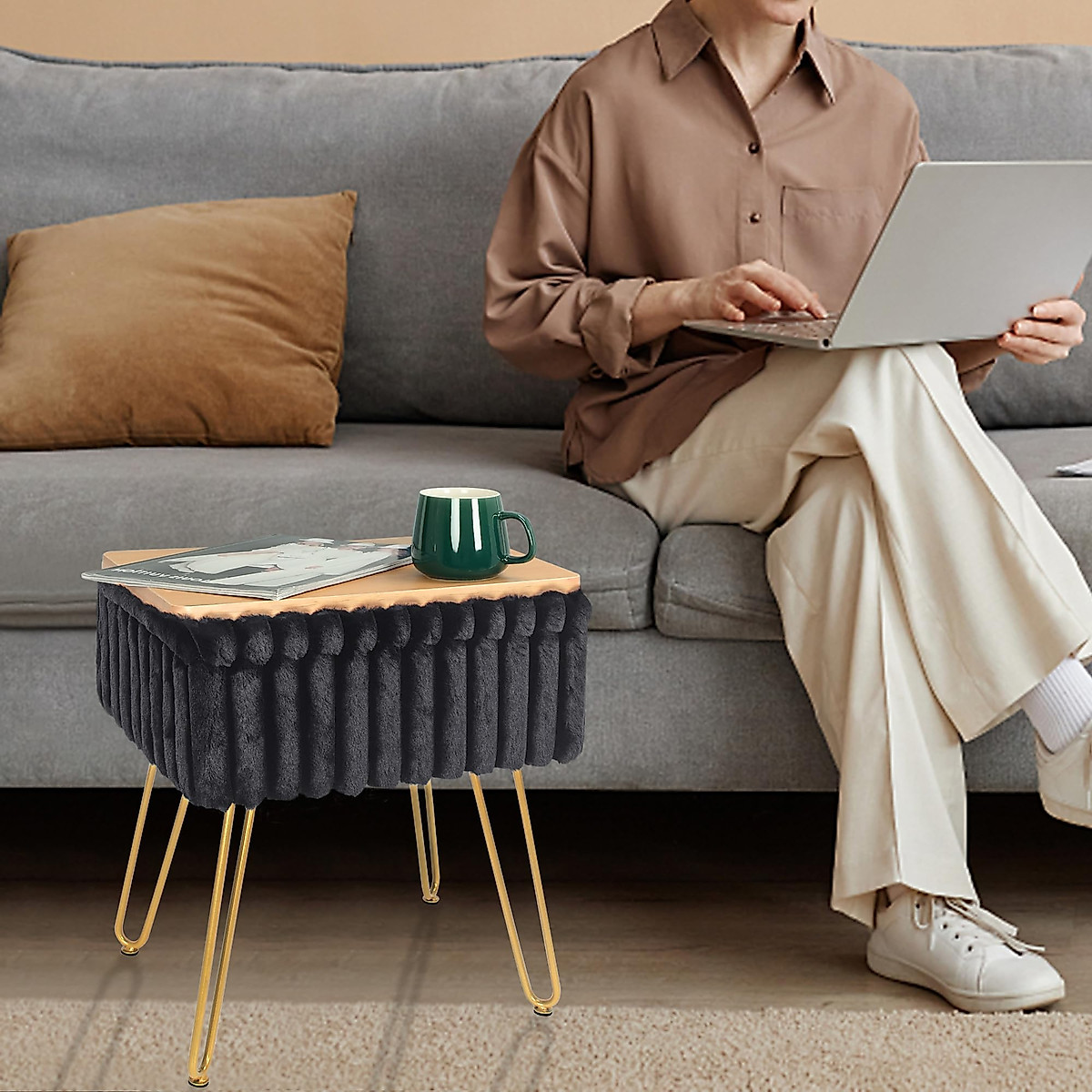 AKOZLIN Velvet Storage Ottoman Seat Modern Soft Vanity Stool Chair with 4 Gold Metal Legs for Makeup,Drawing,Living Room-Black 16.5" W x 13.4" D x 19.3" H