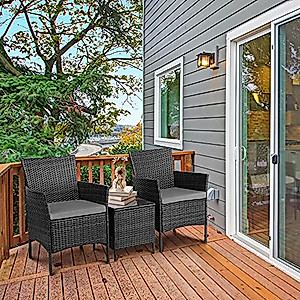 Yaheetech 3 Pieces Patio Porch Furniture Sets, Rattan Patio Chair & Table Set PE Wicker Bistro Set for Outdoor/Garden/Yard