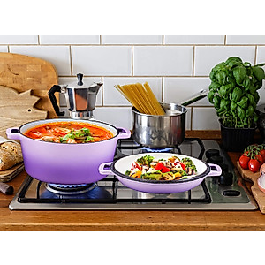 Bruntmor 2-in-1 Enamel Cast Iron Dutch Oven With Handles - Crock Pot Purple Cast Iron pot with Skillet lid - All-in-One Cookware Braising Pan for Casserole Dish - 5 Quart, Purple