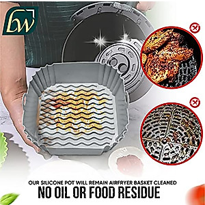 BW 2-Pack Square Silicone Air Fryer Liners 8 Inch For (4 to 7 QT) Reusable AirFryer Pot Air Fryer Inserts For Oven Microwave Accessories (Grey+Pink) + (2 Anti Heat Gloves)