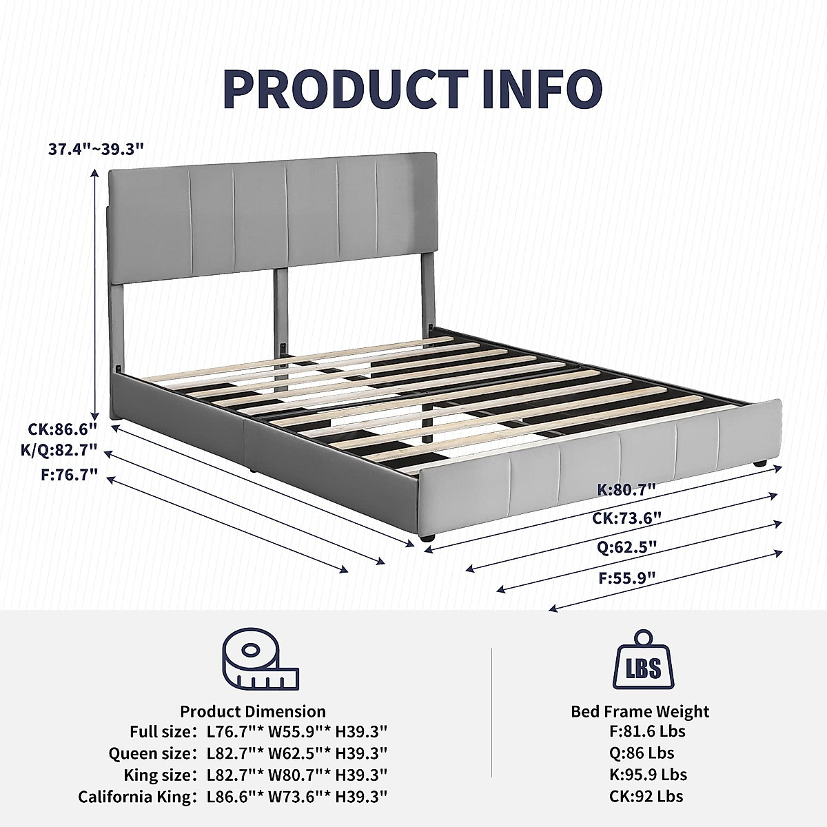 ZAFLY Platform California King Size Bed Frame with Adjustable Headboard,Upholstered Cal King Bed Frame with 4 Storage Drawers,Wooden Slats Support,No Box Spring Needed,Easy Assembly (Light Grey)