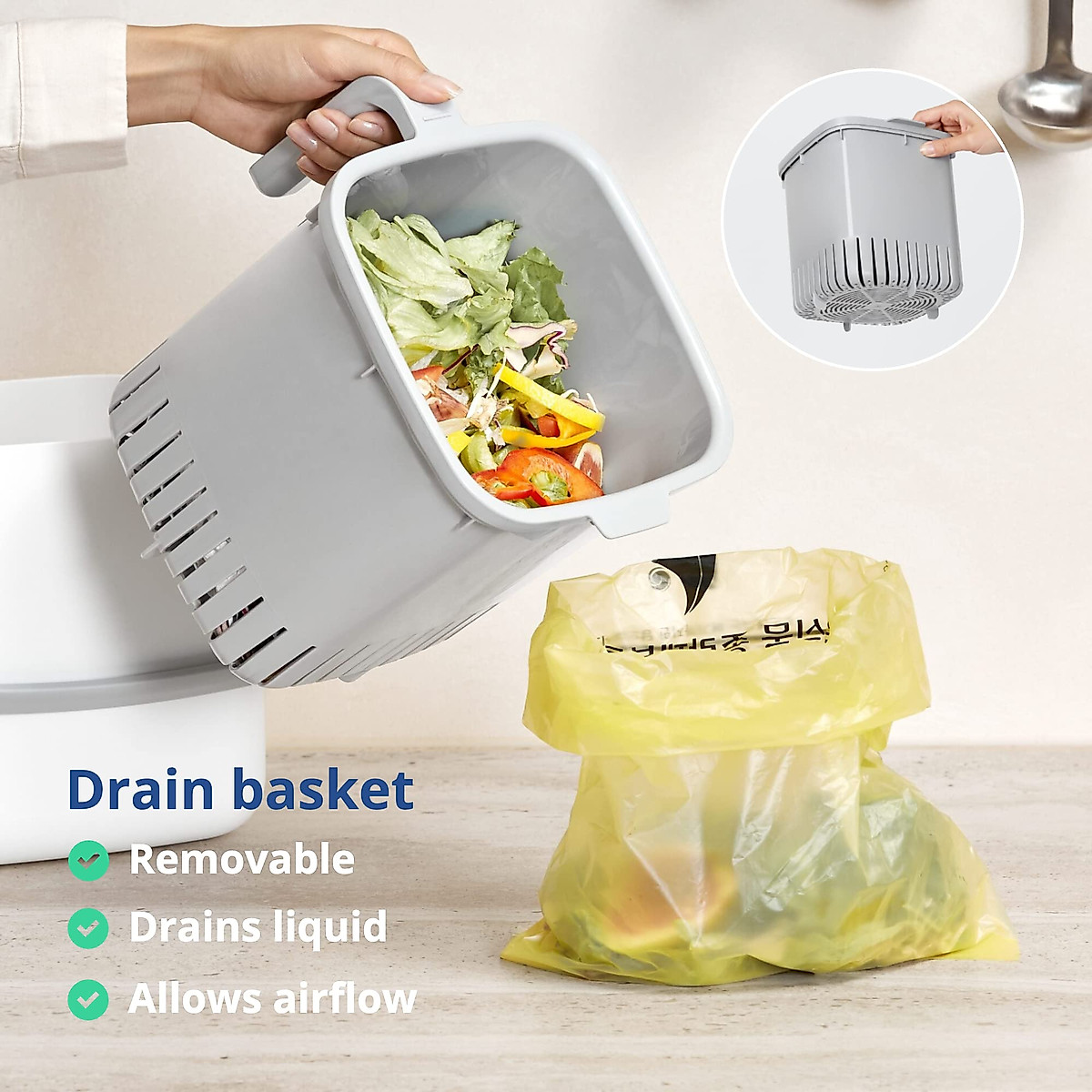 BLUE GINKGO Kitchen Compost Bin - Easy Clean Food Waste Bin for Kitchen with Handles | Countertop Compost Bin Kitchen Food Scrap Pail Bucket | Made in Korea (1.32 gal, 5 L) - White