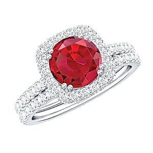 Certified Lab Grown Ruby Moissanite Wedding Ring Set, Aaaa Grade, 8 mm Round Ruby Halo Engagement Ring with Band - With Jewelry Box, 14K White Gold, Size:US 5.50