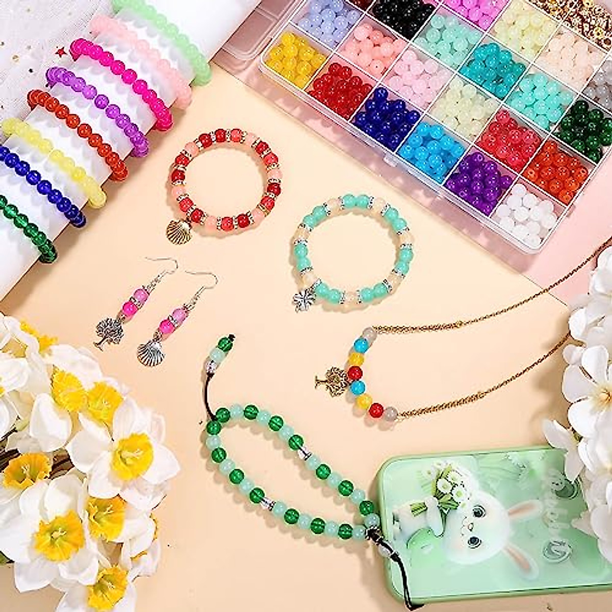 shynek 753 Pieces Glass Beads Bracelet Making Kit, 24 Color Glass Beads for Jewelry Making with Spacer Beads, Bail Tube Beads, Charms and Elastic String for Bracelets