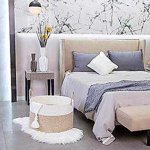 MINTWOOD Design Extra Large 22 x 14 Inches Cotton Rope Blanket Basket Living Room, Woven Laundry Basket, Toy Storage Baskets Bin, Decorative Round Pillow Towel Basket with Handles