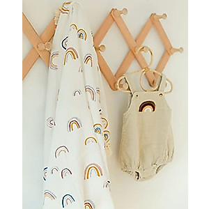 CHUNGEL Cotton Baby Muslin Tassles 40"x 47", Baby Receiving Blanket with Fringe, Boho Muslin Swaddle Blanket with Fringe - Rainbow