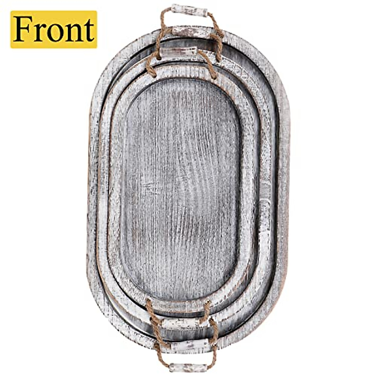 Decorative Tray Rustic Serving Trays Decorative Ottoman Wood Decor Kitchen Counter Decor Serving Tray with Handles,Nested Oval Whitewashed Farmhouse Platters(Set of 3 Pcs)