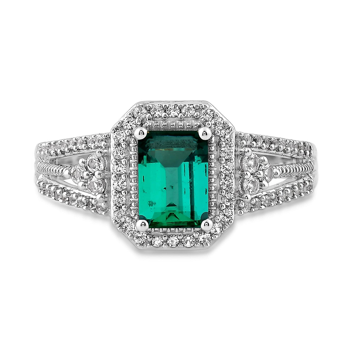 Jewelili Sterling Silver 7x5MM Octagon Created Emerald and Round Created White Sapphire Halo Ring, Size 7