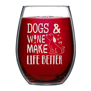 NeeNoNex Funny Gift for Dog Mom Dad Dogs & Wine Make Life Better Stemless Wine Glass - Dog Lover Gift