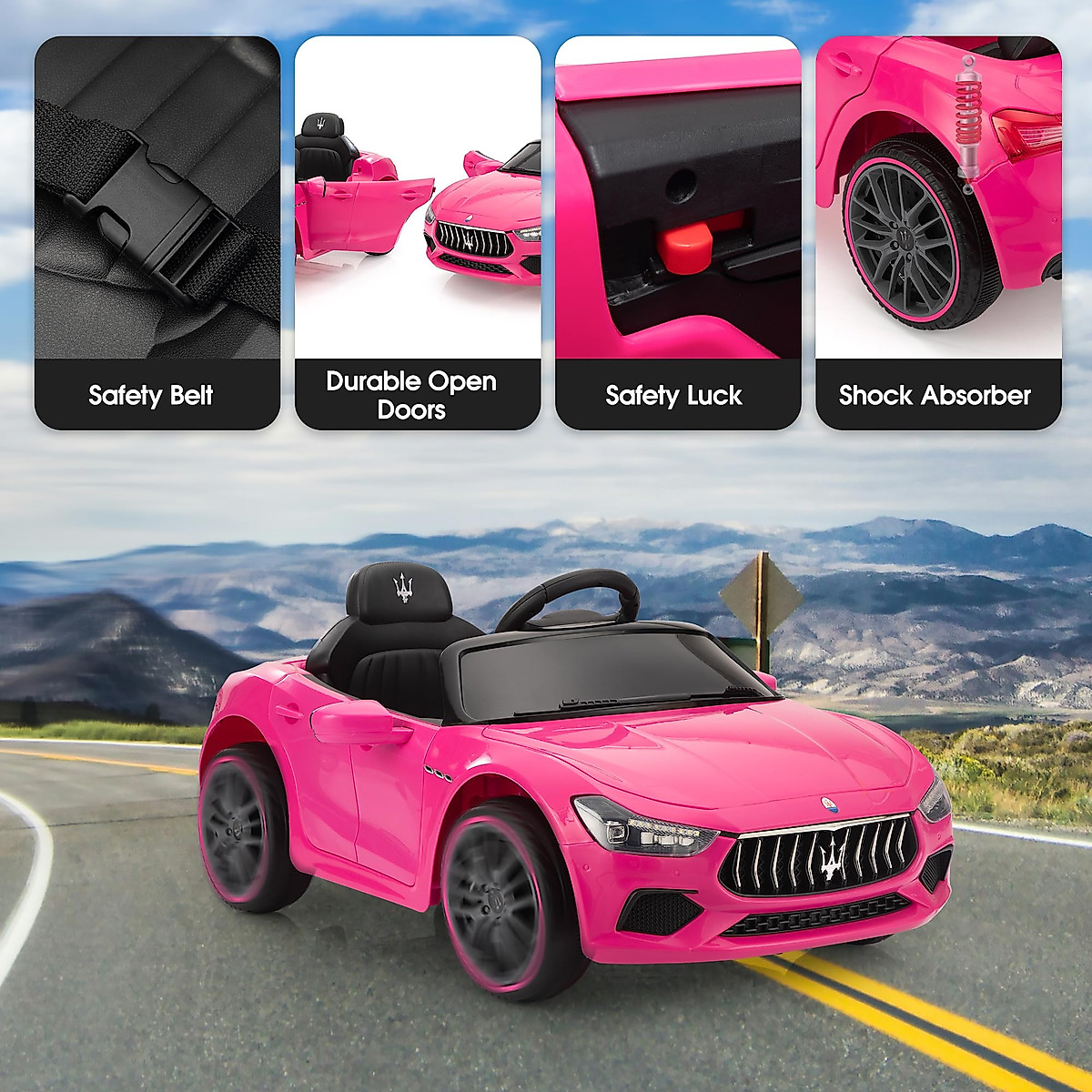 TOBBI Kids Ride on Car, 12V Licensed Maserati Ghibli, Electric Car for Boy Girl with Remote Control, 3 Speeds, Music, Bright Lights, MP3, USB, Electric Vehicle for Kids Ages 3-6 Years, Pink