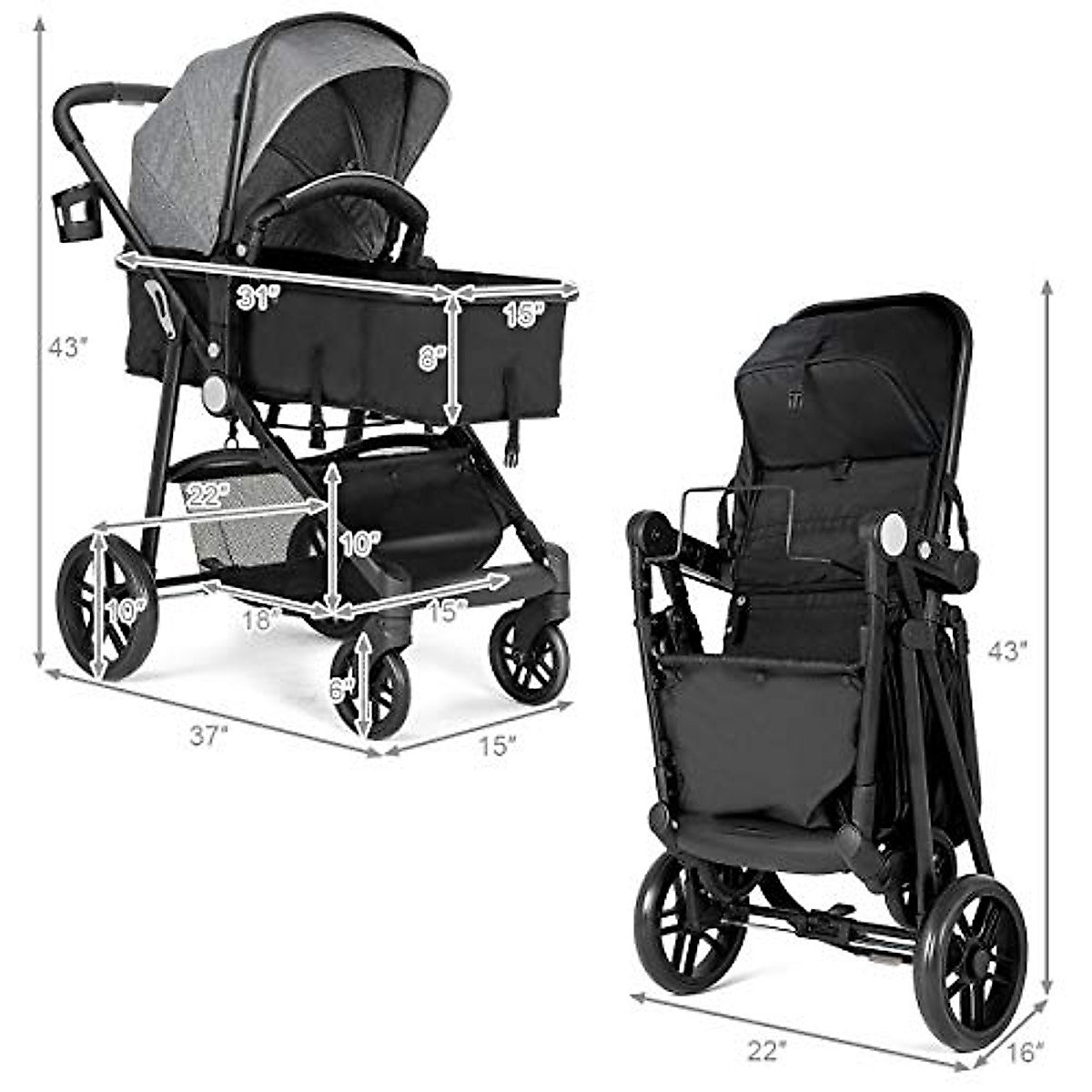 BABY JOY Baby Stroller, 2 in 1 Convertible Carriage Bassinet to Stroller, Pushchair with Foot Cover, Cup Holder, Large Storage Space, Wheels Suspension, 5-Point Harness (Gray)