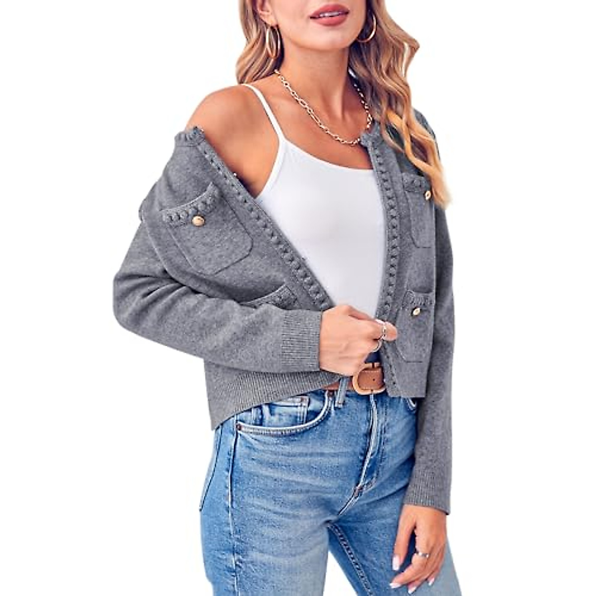 Esobo Womens Knit Cardigan Sweaters Open Front Long Sleeve Cropped Trendy Jacket Outerwear(Grey,Large)