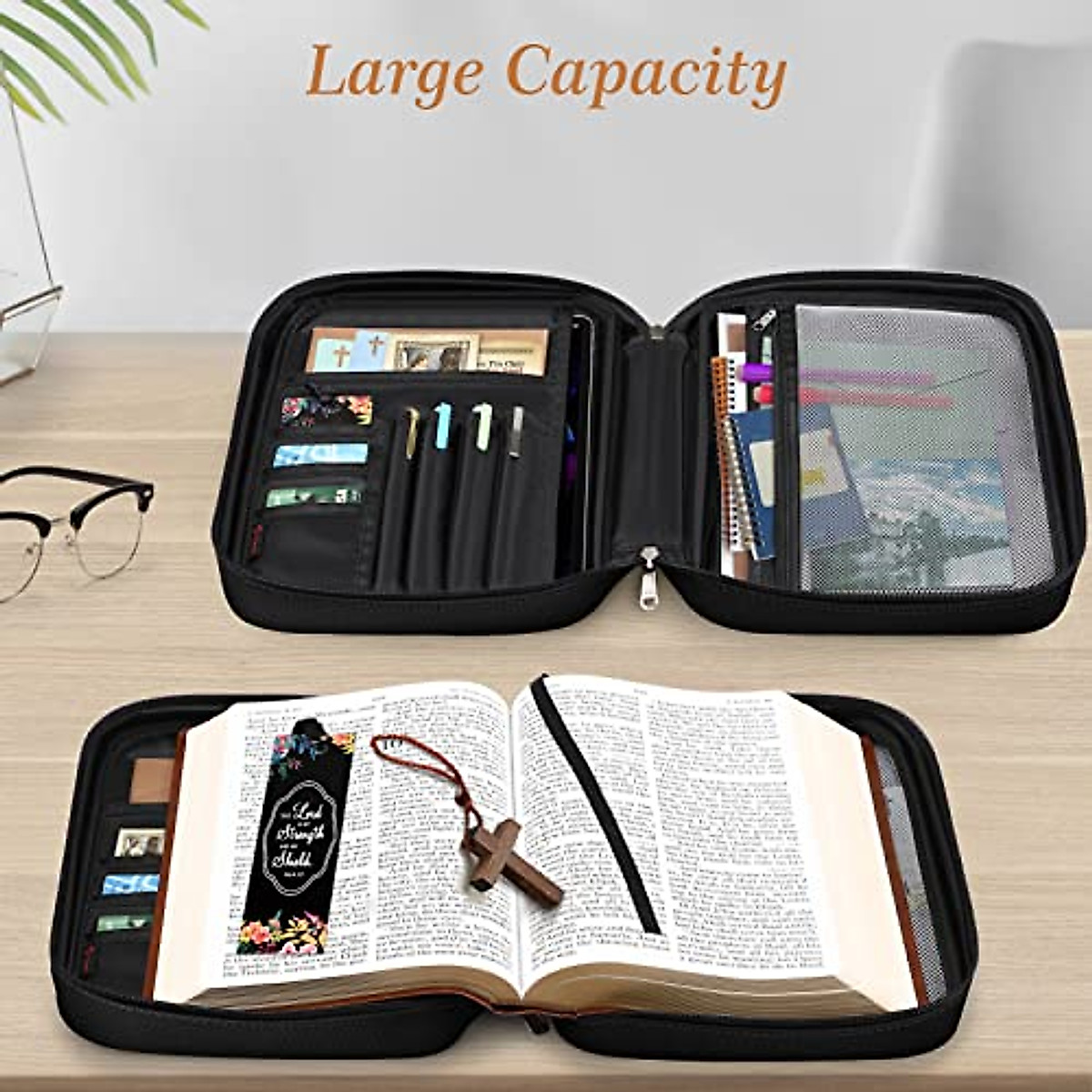 Floral Bible Cover w/A Bookmark, FINPAC Carrying Book Case Church Bag Bible Protective with Handle and Zippered Back Pocket, Perfect Gift for Girls Women Mother Kids (Black)