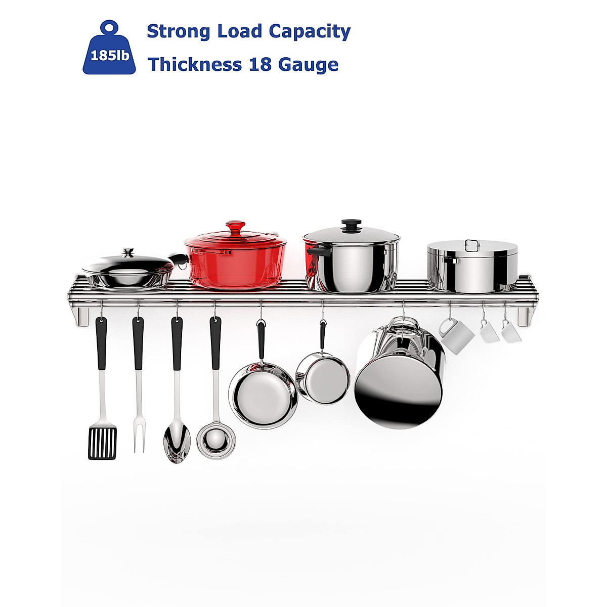 Stainless Steel Wall Mount Shelf 12 x 48 Inch, NSF Certified Shelf with Hooks, 185 lb Load Capacity Commercial Kitchen Rack Storage Shelves for Restaurant, Kitchen, Home & Hotel