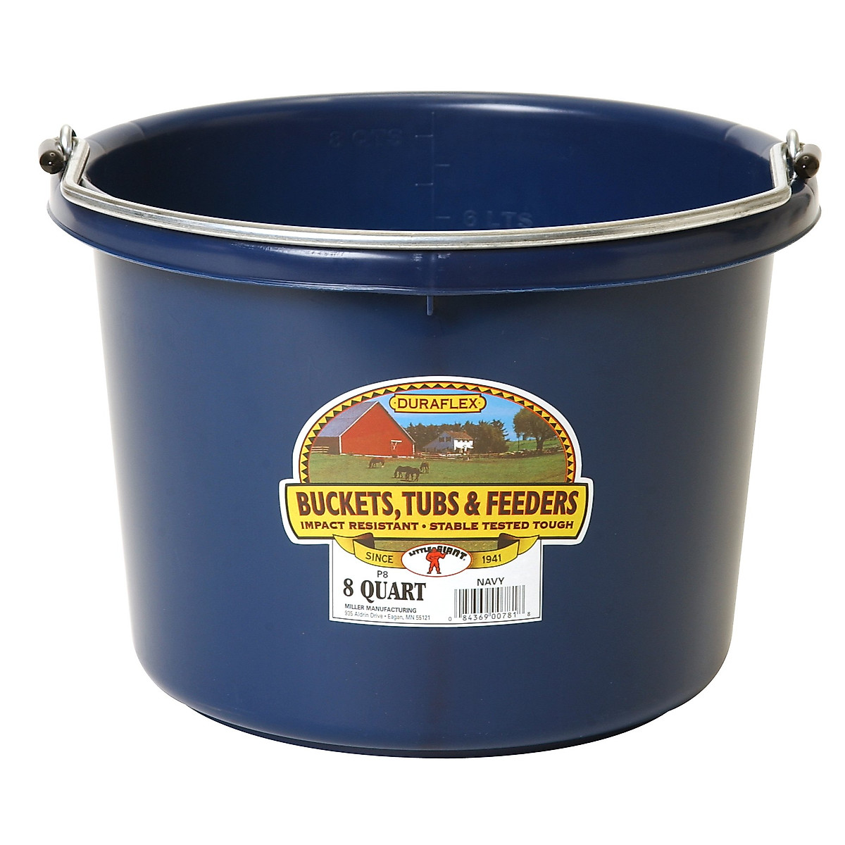 Little Giant® Plastic Animal Feed Bucket | Round Plastic Feed Bucket with Metal Handle | Made in USA | 8 Quarts | Navy