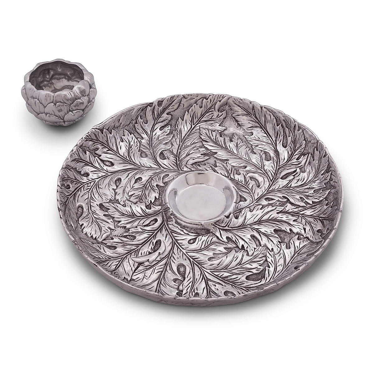 Arthur Court Designs Metal Chip and Dip Platter in Artichoke Pattern Sand Casted in Aluminum with Artisan Quality Hand Polished Designer Tarnish-Free 14.5 inch Diameter