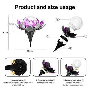 QZZP Solar Lights Outdoor Garden Decor,Crackle Globe Glass Decoration,Outside Waterproof Purple Metal Lotus Flower for Pathway,Walkway,Patio,Yard,Lawn,Tabletop,Ground