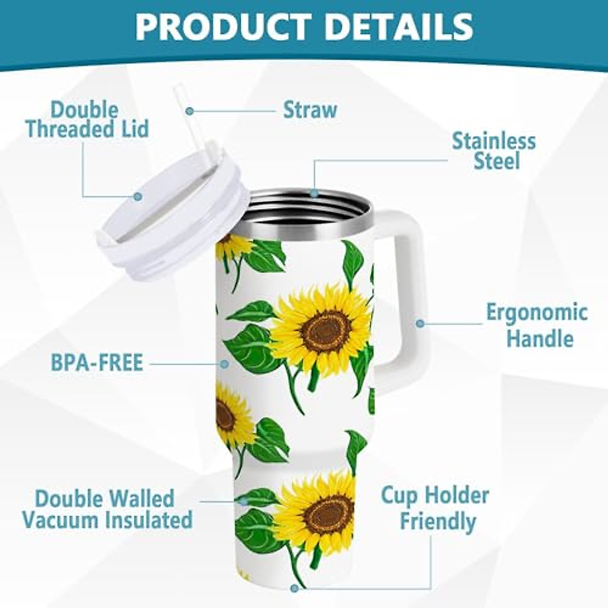 RPLIFE Bright Sunflowers Green Leaves 40 Oz Tumbler with Handle and Straw, Stainless Steel Water Bottle with Straw, Tumbler for Men
