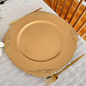Umisriro Antique Gold Charger Plates, 13 Inch Embossed Chargers for Dinner Plates. Set of 6 Plastic Charger for Wedding, Party, Elegant Tableware Chargers Decoration.