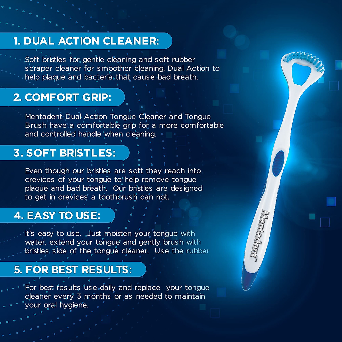 GuruNanda Mentadent Tongue Cleaner Dual Action Cleaner with Brush and Scraper - Fights Bad Breath & Odor Eliminator, Multi-Color