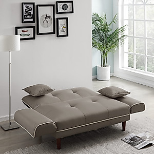 Lepfun Convertible Bed 2 Pillows, Loveseat Sleeper Futon, Recliner Couch with Adjustable Armrest and Wood Legs,Living Room Sofa with Backrest for Small Space(Light Grey)