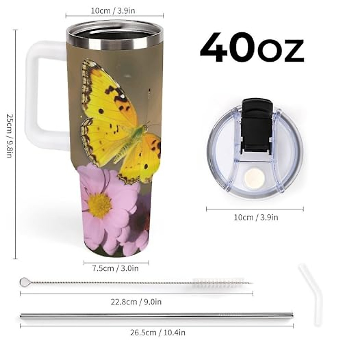 LLUTSNTH 40 Oz Vacuum Tumbler with White Handle Leakproof Insulated Tumbler Yellow Butterfly And Flower Stainless Steel Travel Mug with Lid And Straw Coffee Cup Cute Water Bottles Cup Holder Friendly