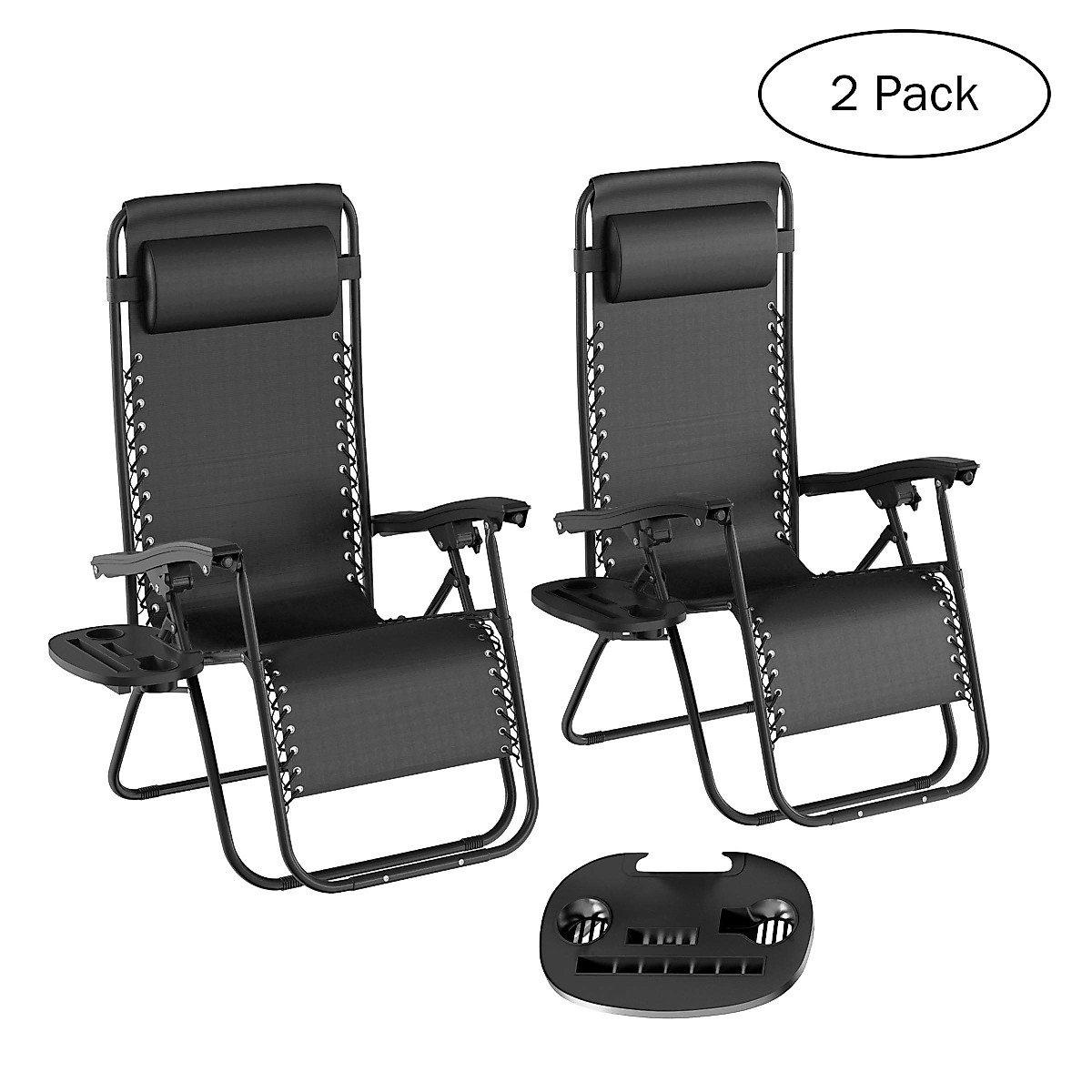 Lavish Home Set of 2 Zero-Gravity Chairs - Folding Patio Furniture - Outdoor Recliners with Side Table, Cup/Phone Holder, and Chair Pillow (Black)