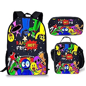 Ksyzaif Cartoon Backpack 3 Piece Set Anime Rainbow Laptop Bags for Unisex Fashion Daypack with Lunch Box Pencil Case Casual Travel 17In
