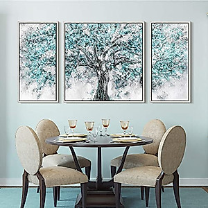 Abstract Landscape Canvas Wall Art: Blue Tree Blooming Pictures Large Nature Maple Oil Painting Print Framed Glitter Silver Foil Contemporary Hand Painted Artwork for Modern Living Room Bedroom Bathroom
