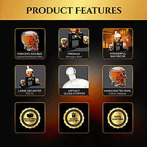 Skull Skeleton Wine & Whiskey Decanter Set 750 mL With 2 Skull 3oz Skeletons Shot Glasses + Mahogany Wooden Base & Pouring Spigot Decor Glass, Goth Spooky Drinking Glassware The Wine Savant