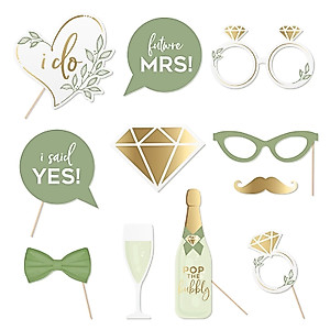 AOBKIAT Olive Green Wedding Photo Props Kit,12 Pack Engagement Photo Props Accessories with Wooden Dowels for Bridal Shower Wedding Favour Party Decorations