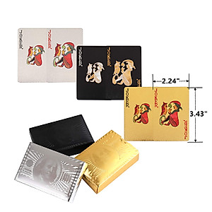 Yopay 6 Decks of Playing Cards, Luxury 24K Foil Waterproof Cards, Plastic Novelty Family Card Game Tools with 100 Dollar Pattern for Gift Travel Classic Party Game (2 Golden, 2 Silver, 2 Black)